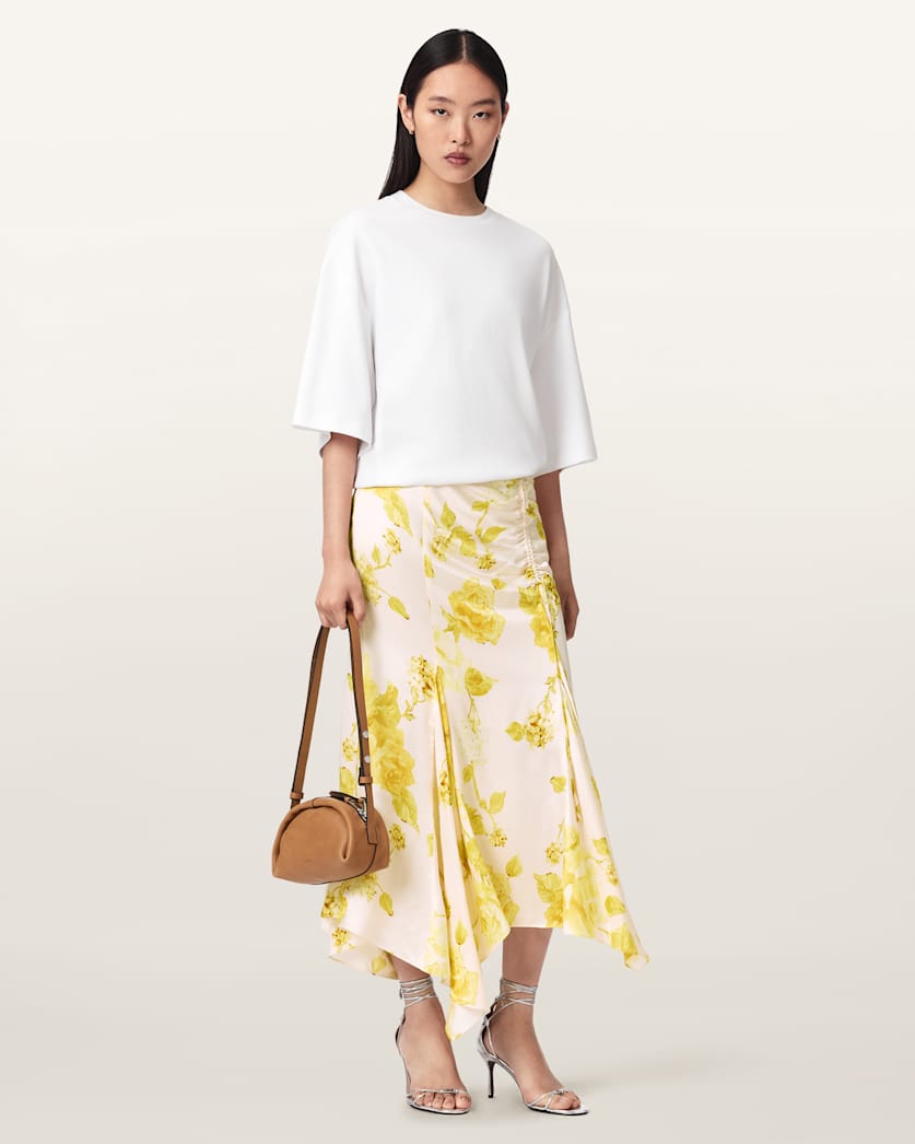 Kathy Satin Floral Midi Skirt FLEURZ YELLOW | ALLSAINTS